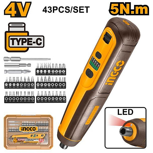 Ingco 4V Cordless Screwdriver 5Nm + 43Pc Accessories, Type-C USB ...