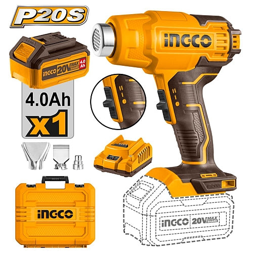 Ingco 20V Cordless Heat Gun, 1 x 4.0Ah Batt. Pk. | HGLI20025 ...
